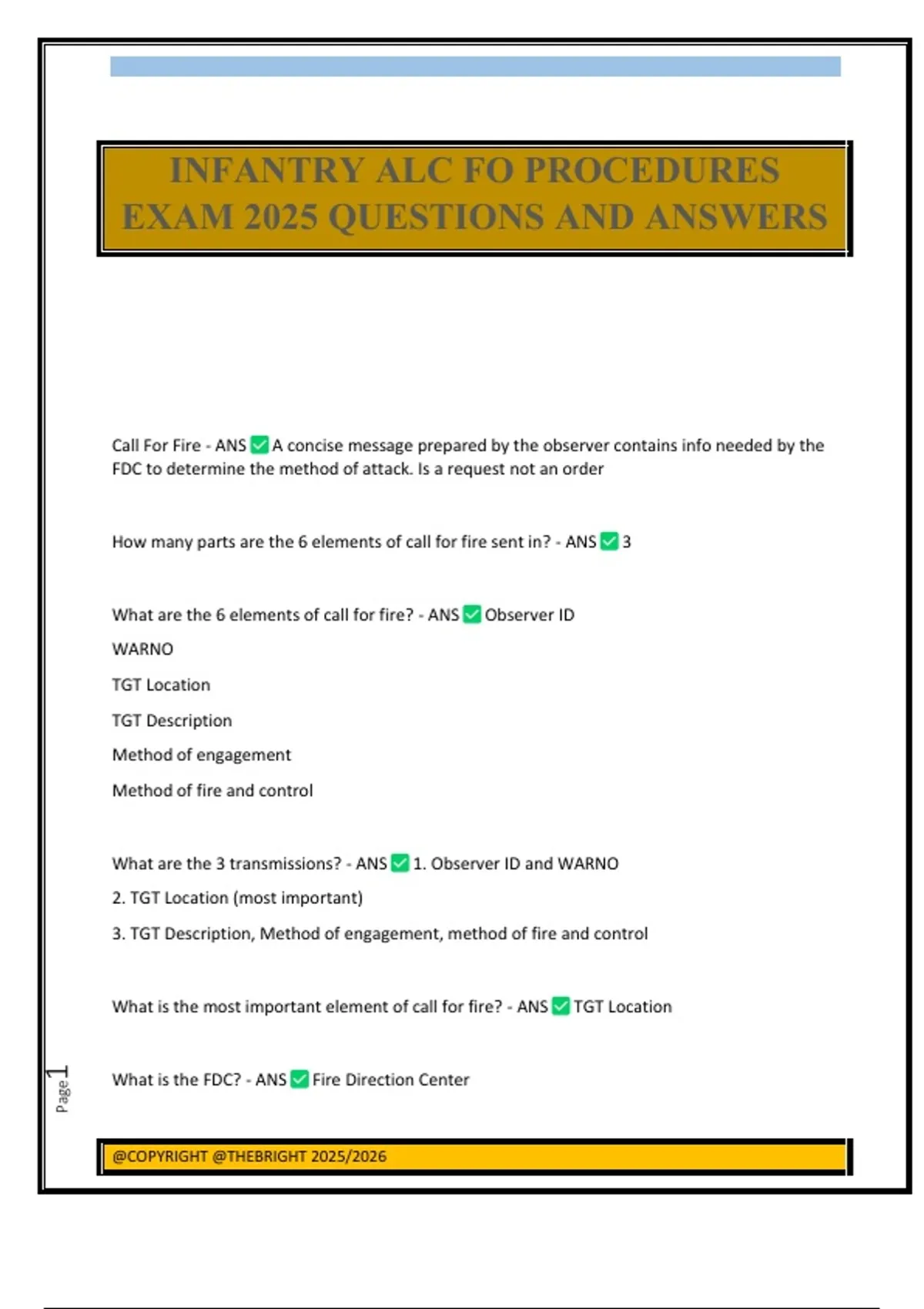 INFANTRY ALC FO PROCEDURES EXAM 2025 QUESTIONS AND ANSWERS - INFANTRY ...