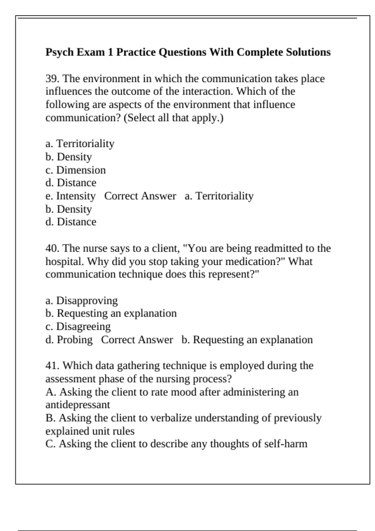 Psych Exam 1 Practice Questions With Complete Solutions - Psych - Stuvia US
