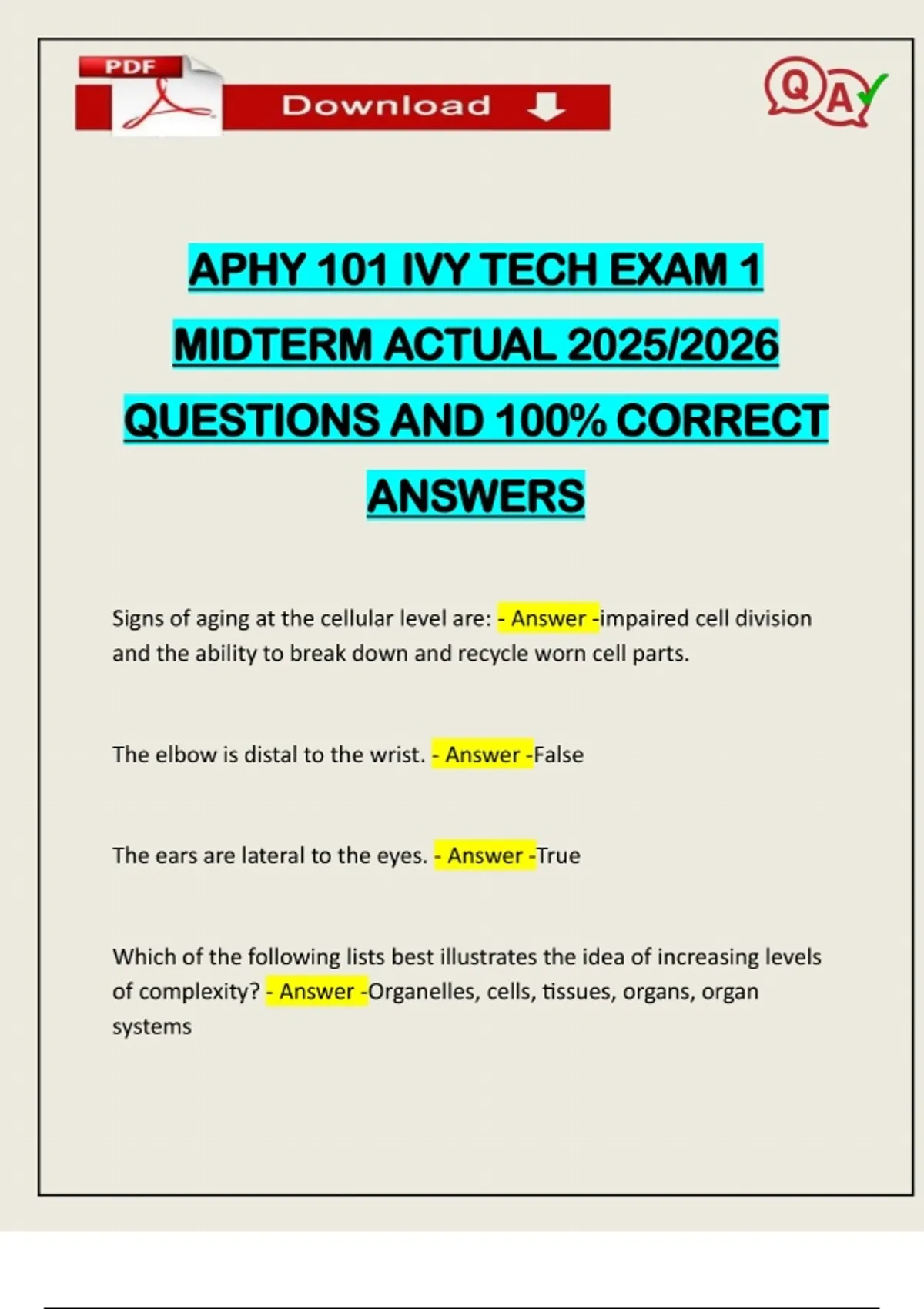 APHY 101 IVY TECH EXAM 1 MIDTERM ACTUAL 2025/2026 QUESTIONS AND 100% ...