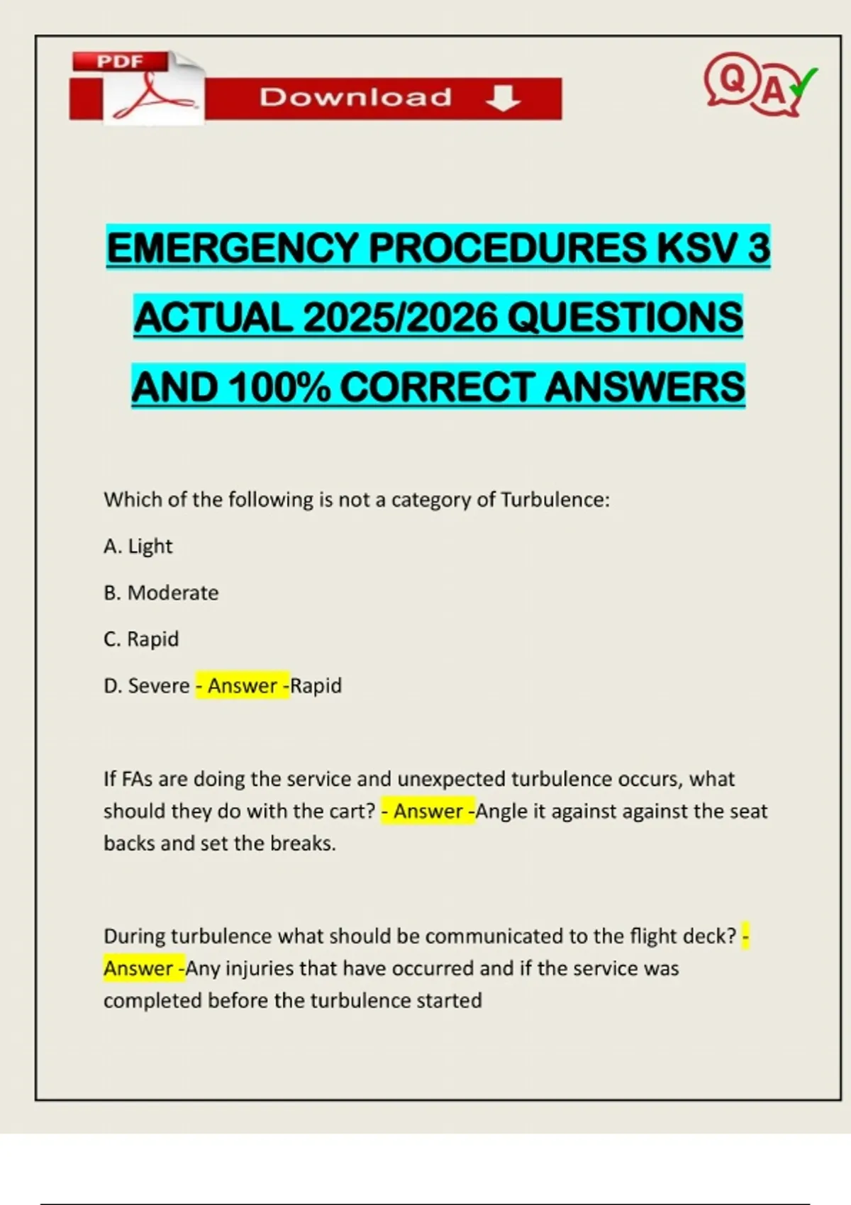 EMERGENCY PROCEDURES KSV 3 ACTUAL 2025/2026 QUESTIONS AND 100% CORRECT ...