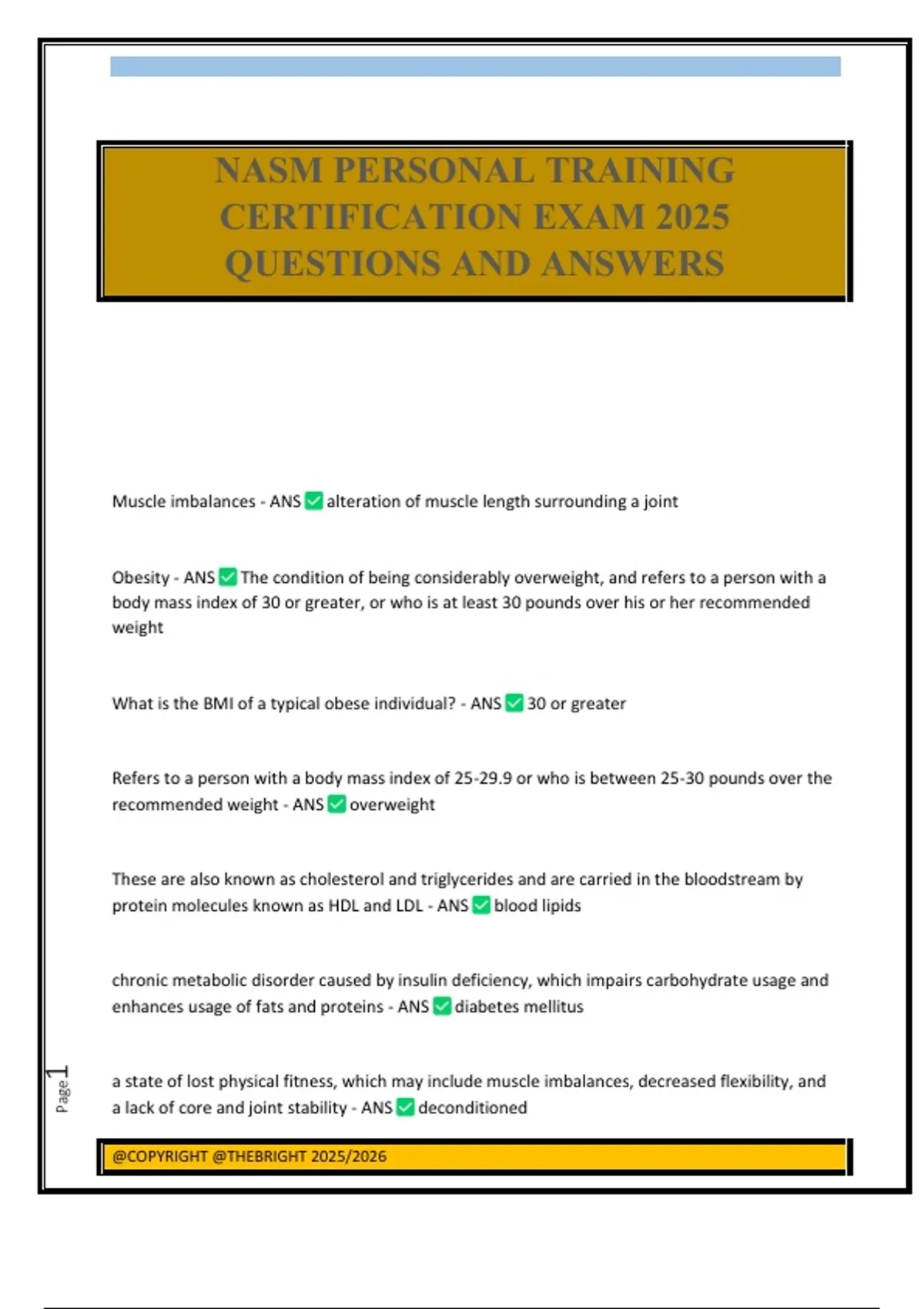 NASM PERSONAL TRAINING CERTIFICATION EXAM 2025 QUESTIONS AND ANSWERS ...