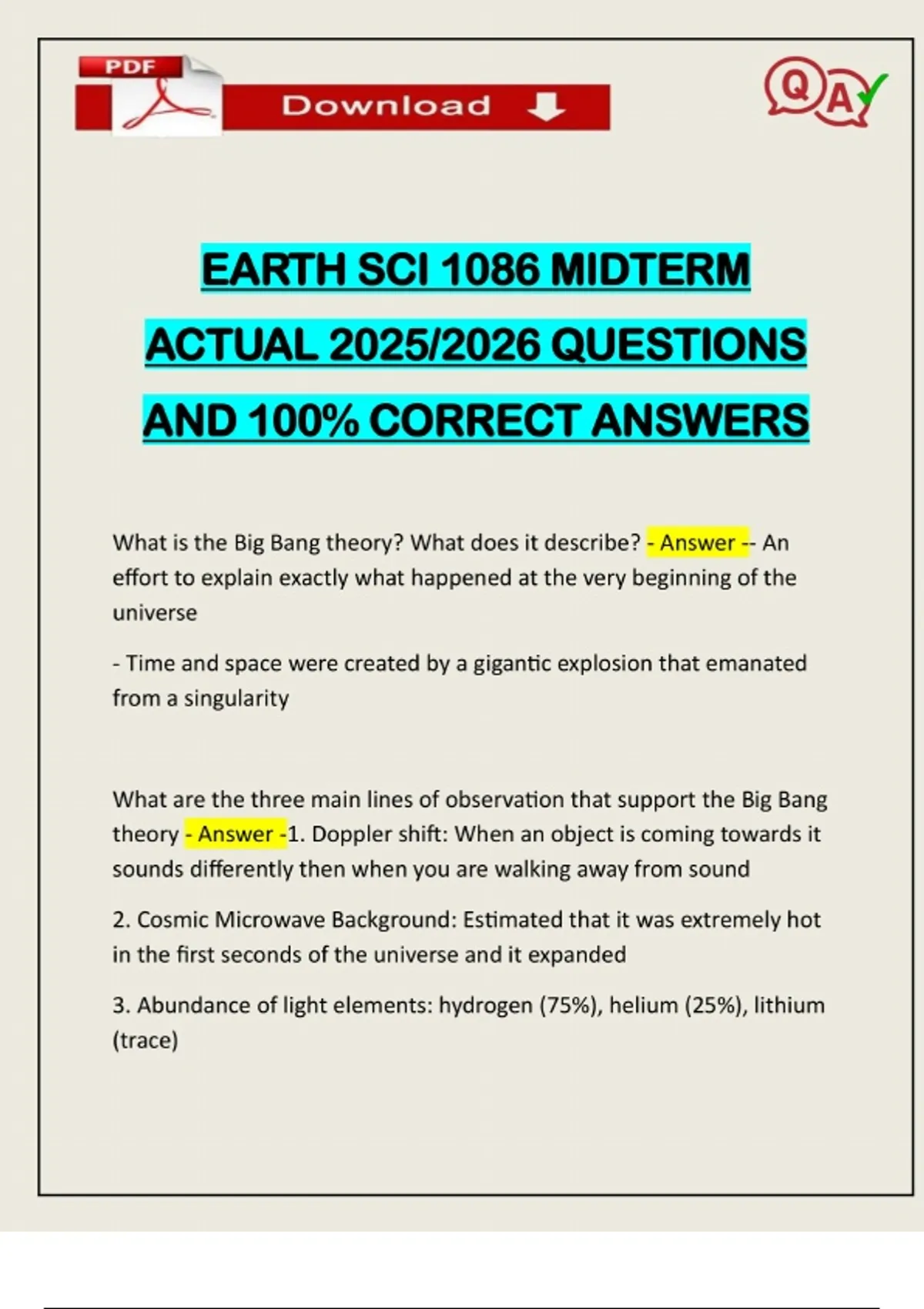EARTH SCI 1086 MIDTERM ACTUAL 2025/2026 QUESTIONS AND 100% CORRECT ANSWERS - EARTH SCIENCE ...