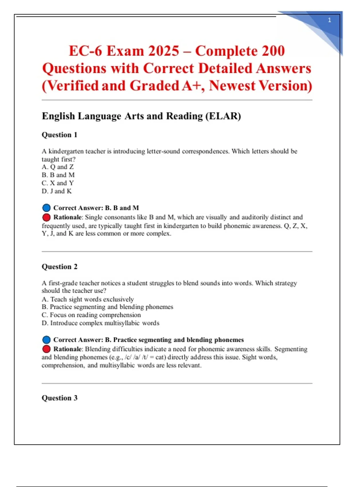 EC-6 Exam 2025 – Complete 200 Questions with Correct Detailed Answers ...