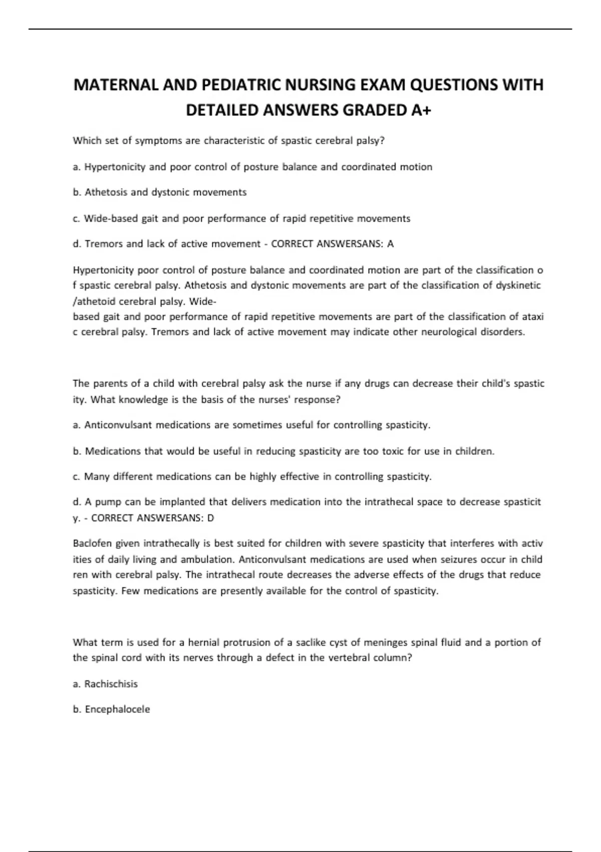 MATERNAL AND PEDIATRIC NURSING EXAM QUESTIONS WITH DETAILED ANSWERS ...