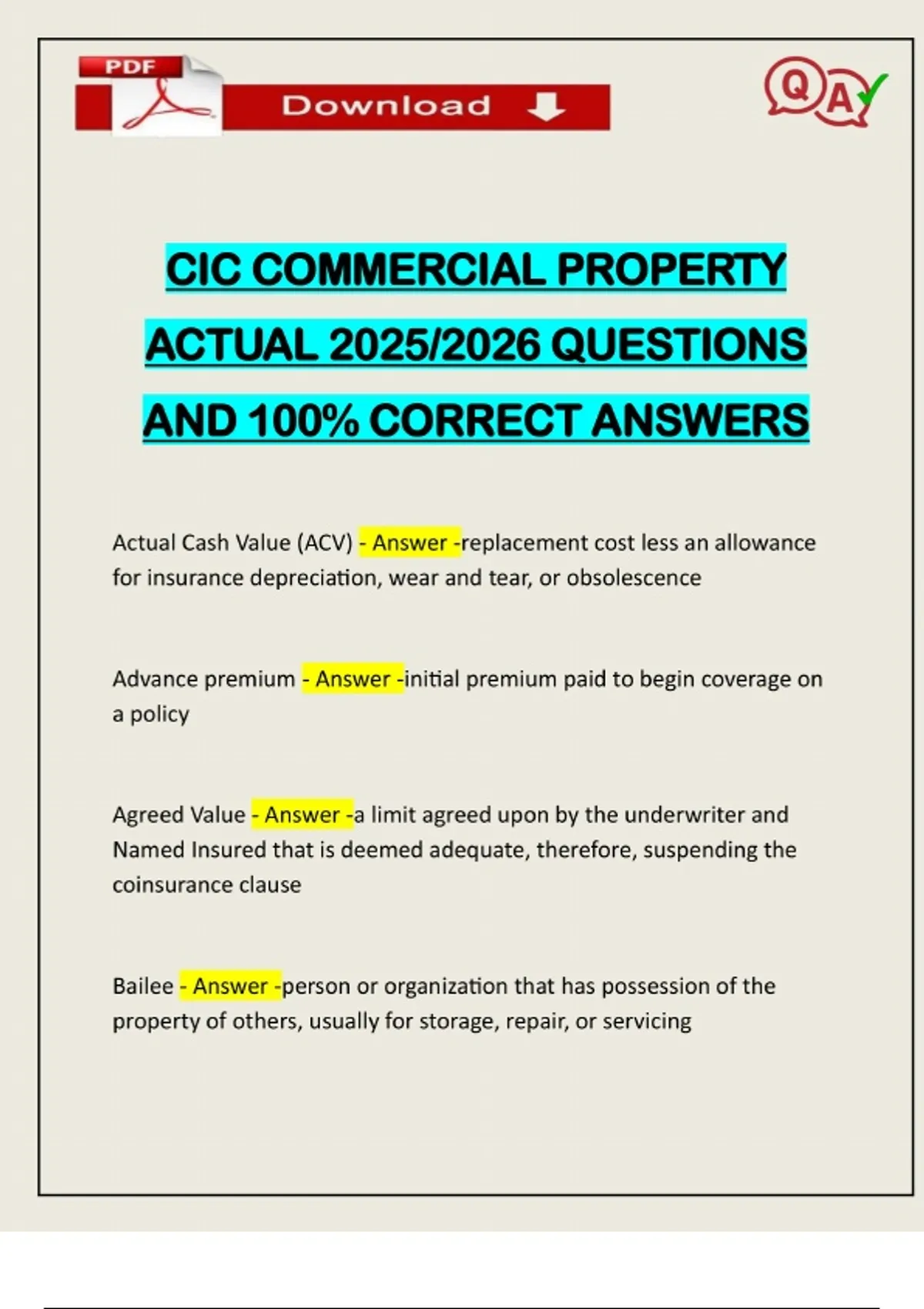 CIC COMMERCIAL PROPERTY ACTUAL 2025/2026 QUESTIONS AND 100% CORRECT ...