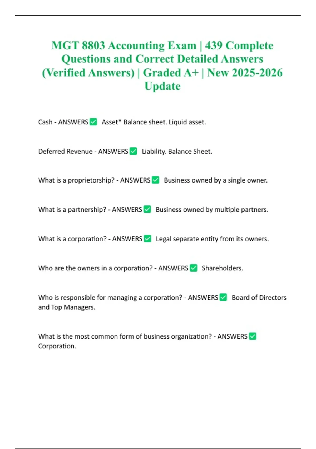 MGT 8803 Accounting Exam | 439 Complete Questions and Correct Detailed ...