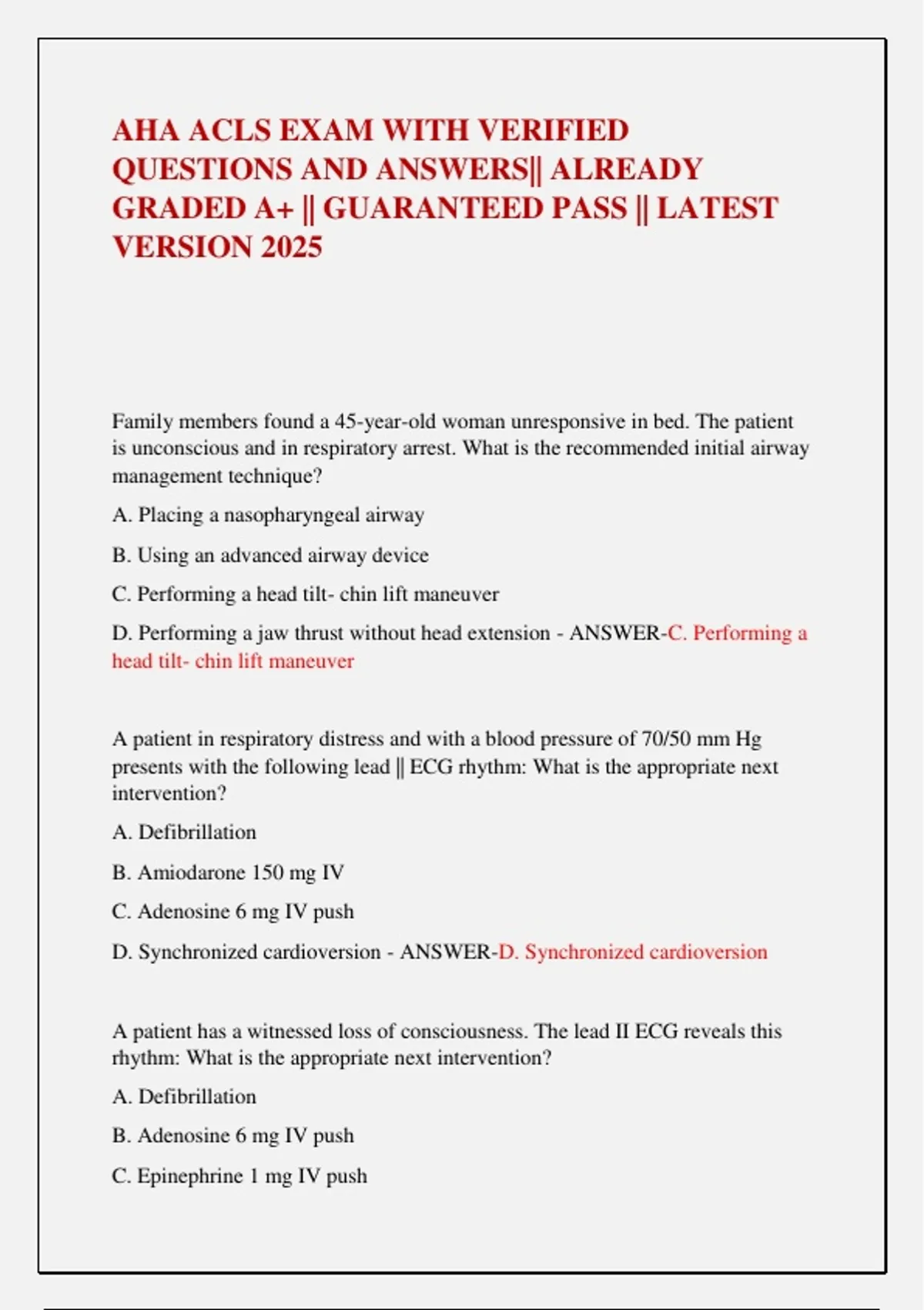 AHA ACLS EXAM WITH VERIFIED QUESTIONS AND ANSWERS|| ALREADY GRADED A+ ...