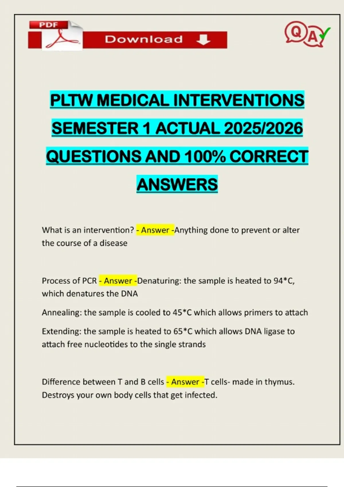 PLTW MEDICAL INTERVENTIONS SEMESTER 1 ACTUAL 2025/2026 QUESTIONS AND ...