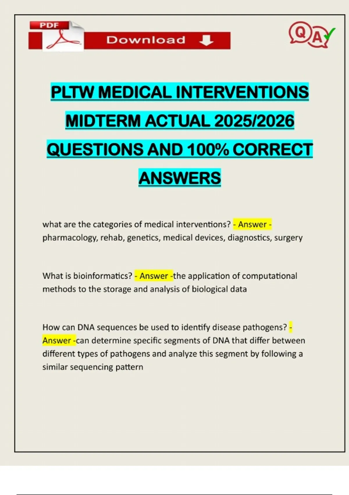 PLTW MEDICAL INTERVENTIONS MIDTERM ACTUAL 2025/2026 QUESTIONS AND 100% ...