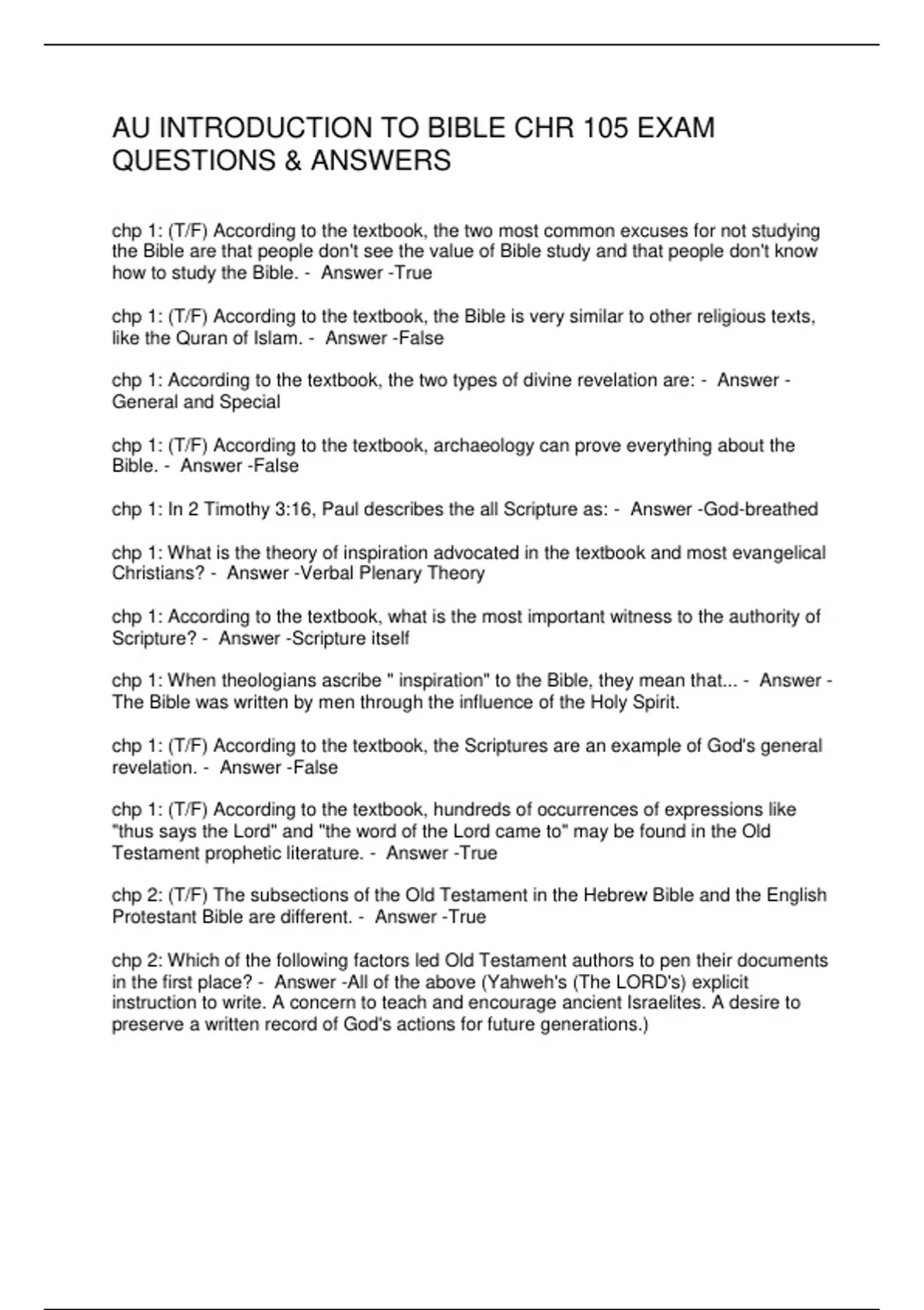 AU INTRODUCTION TO BIBLE CHR 105 EXAM QUESTIONS & ANSWER - CHR 105 ...