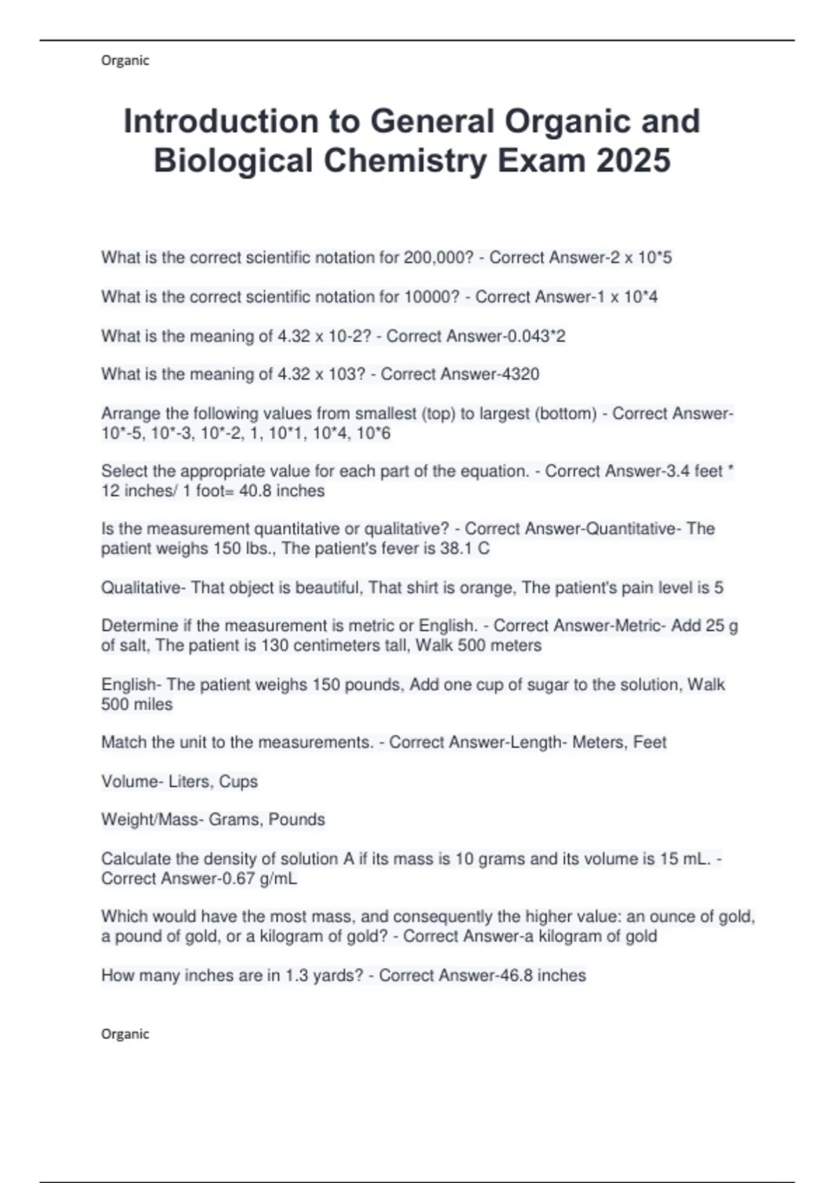 Introduction to General Organic and Biological Chemistry Exam 2025 ...