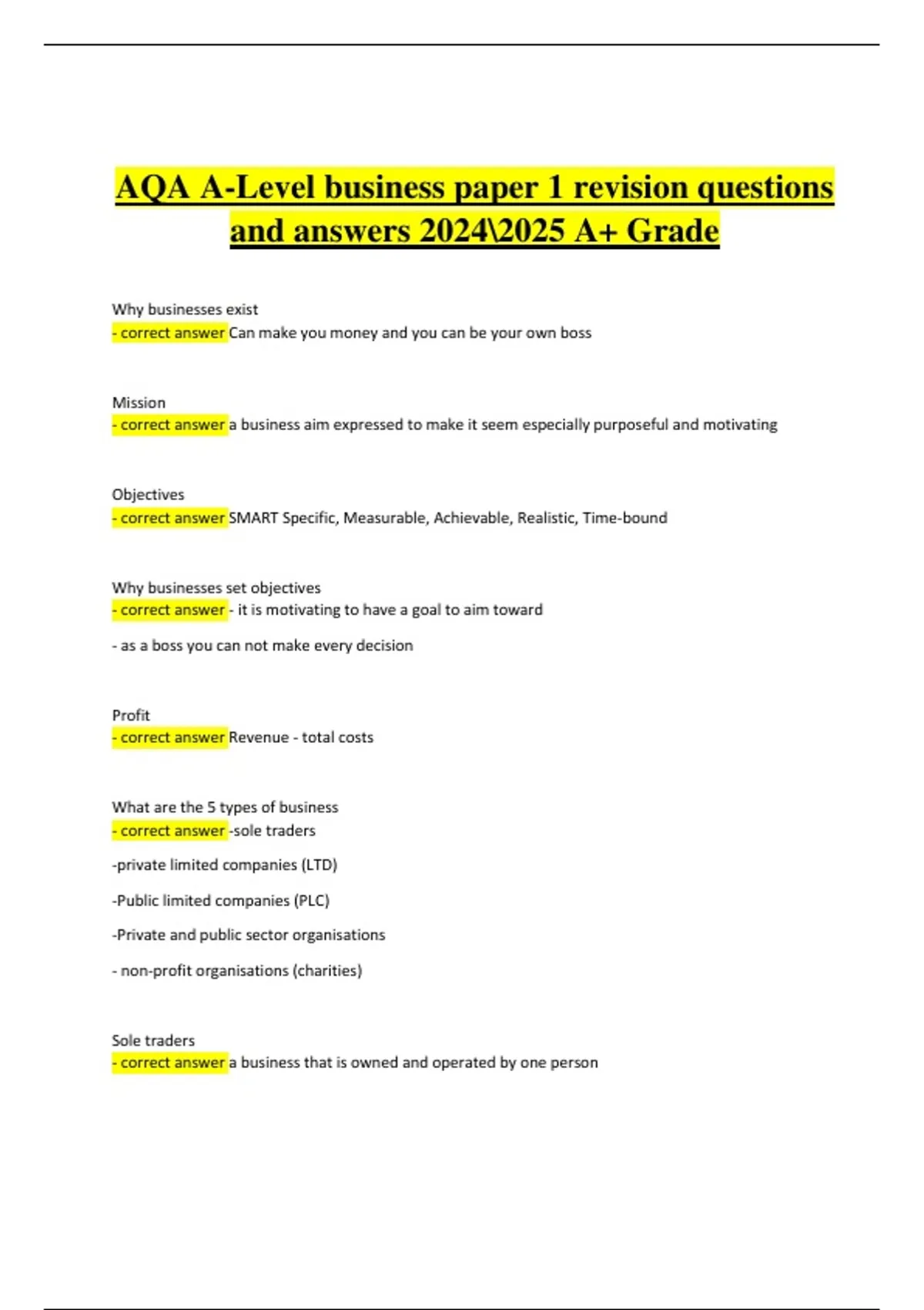 AQA A-Level Business Paper 1 Revision Questions with Verified Answer ...