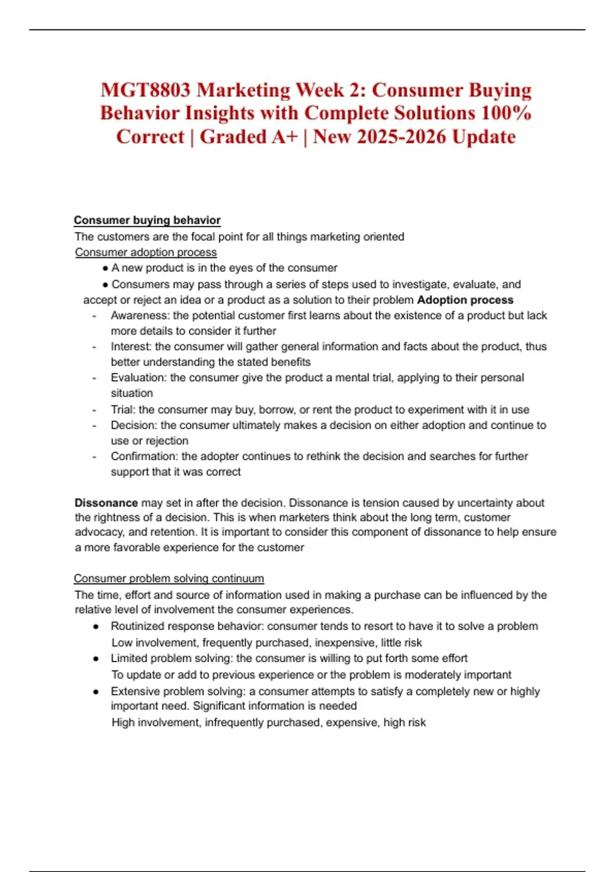 MGT8803 Marketing Week 2: Consumer Buying Behavior Insights with Complete Solutions 100% Correct ...