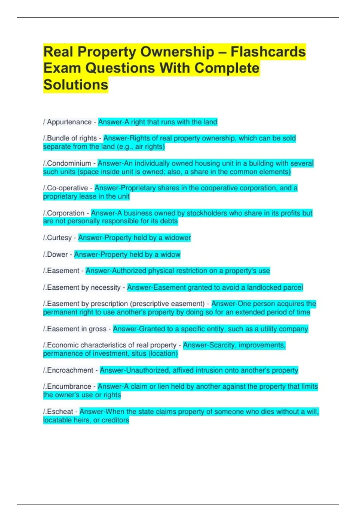 Real Property Ownership – Flashcards Exam Questions With Complete ...