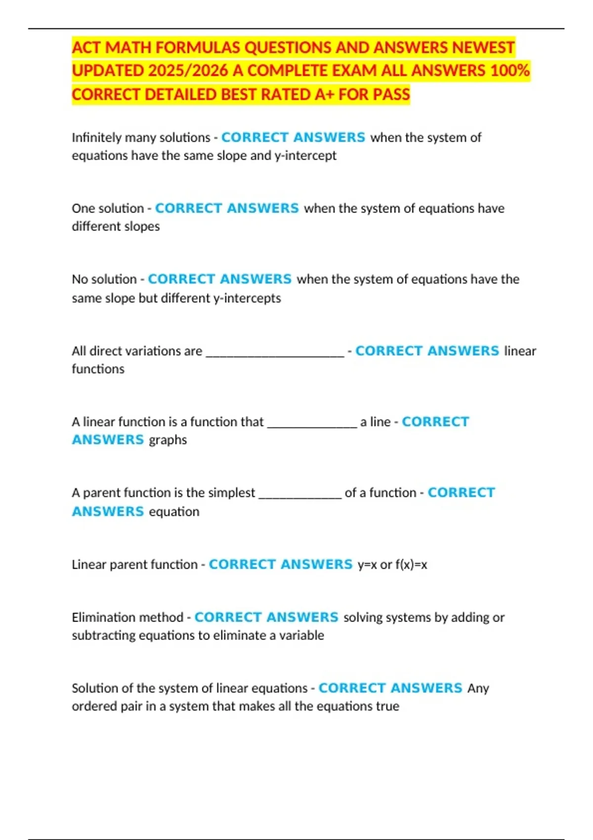 ACT MATH FORMULAS QUESTIONS AND ANSWERS NEWEST UPDATED 2025/2026 A ...