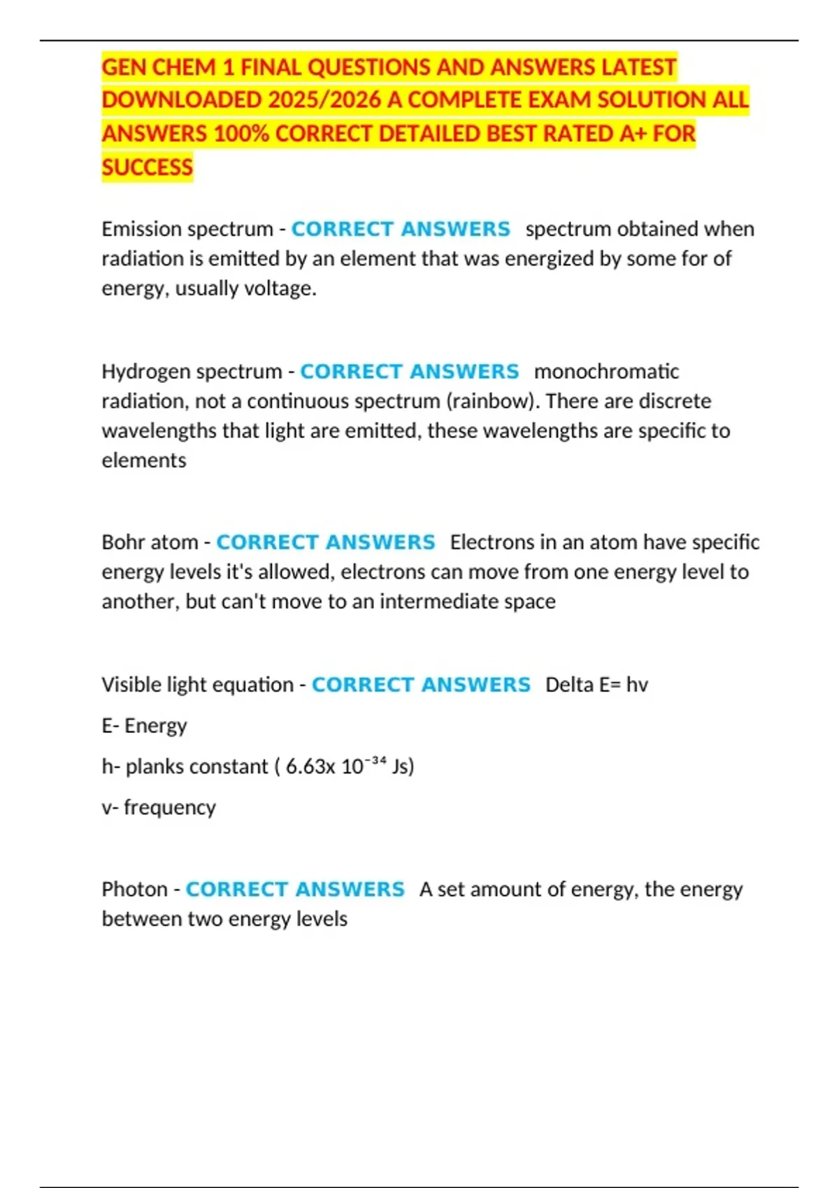 GEN CHEM 1 FINAL QUESTIONS AND ANSWERS LATEST DOWNLOADED 2025/2026 A ...