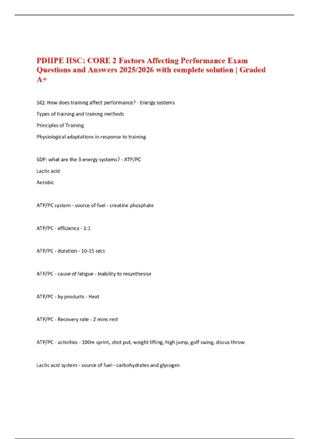 PDHPE HSC: CORE 2 Factors Affecting Performance Exam Questions and ...