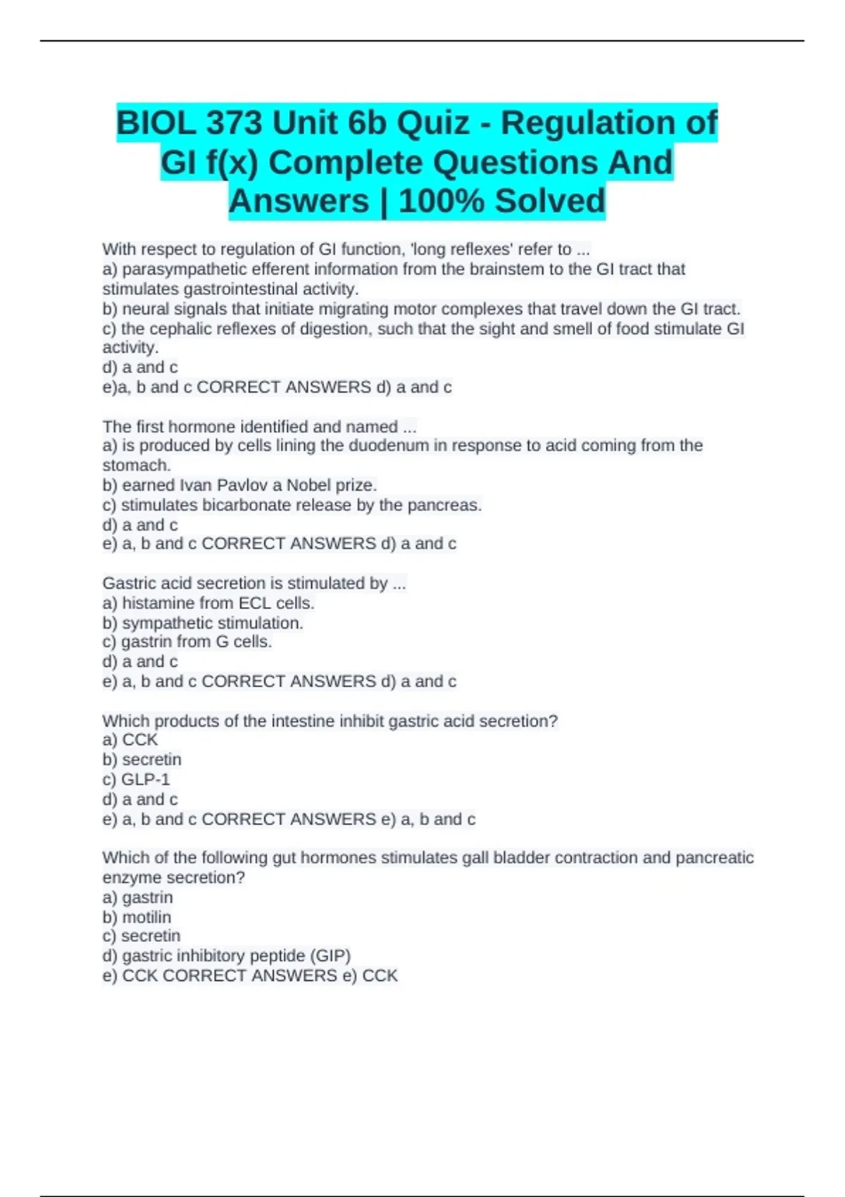 BIOL 373 Unit 6b Quiz - Regulation of GI f(x) Complete Questions And ...