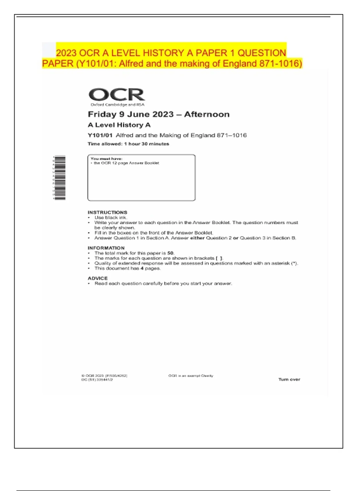 2023 OCR A LEVEL HISTORY A PAPER 1 QUESTION PAPER (Y101/01: Alfred and ...
