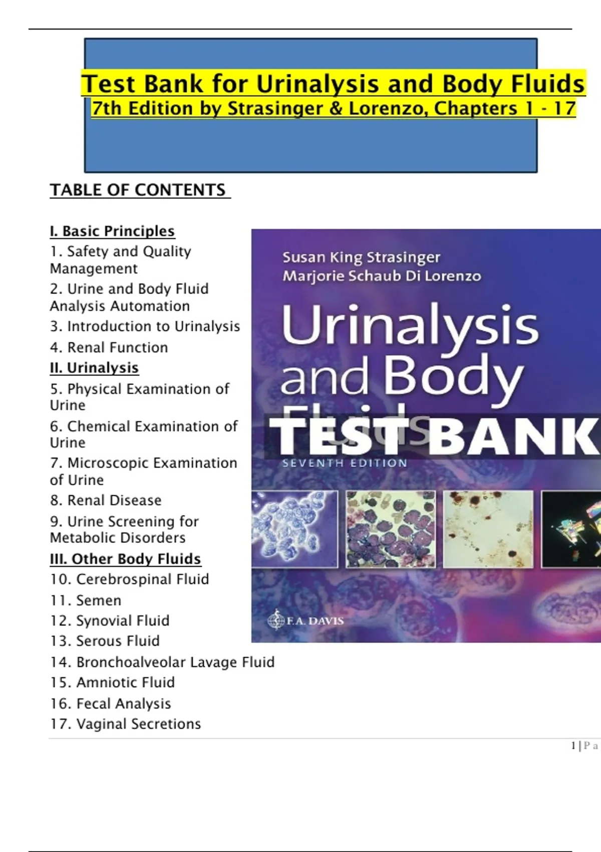 Urinalysis and Body Fluids Test Bank (7th Edition) by Susan King ...