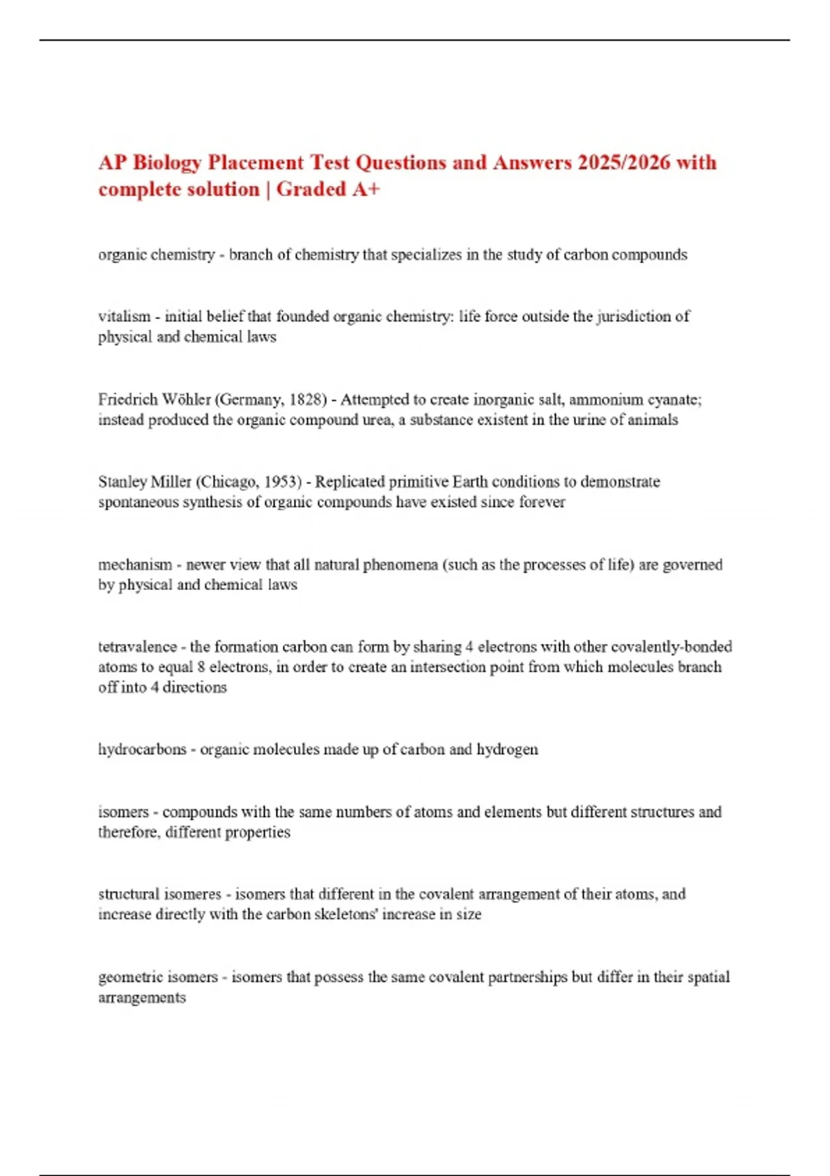 AP Biology Placement Test Questions and Answers 2025/2026 with complete ...