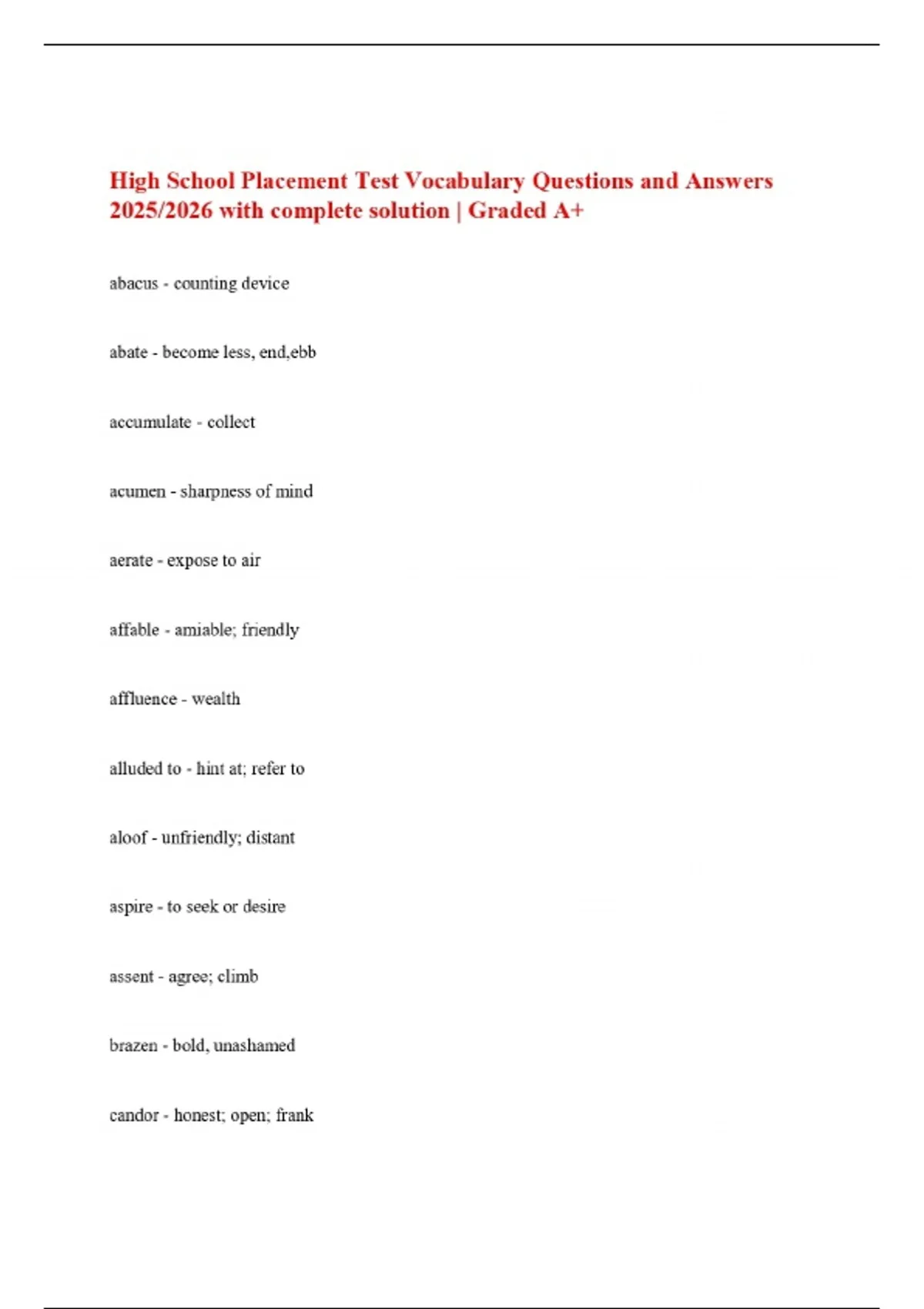 High School Placement Test Vocabulary Questions and Answers 2025/2026 ...