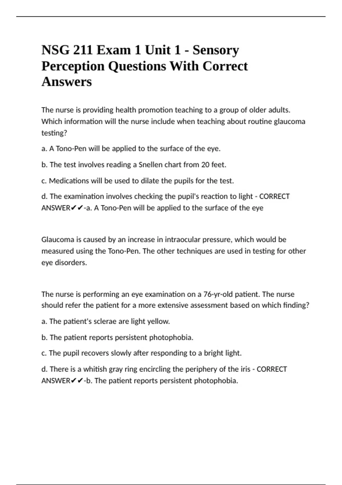 NSG 211 Exam 1 Unit 1 - Sensory Perception Questions With Correct ...