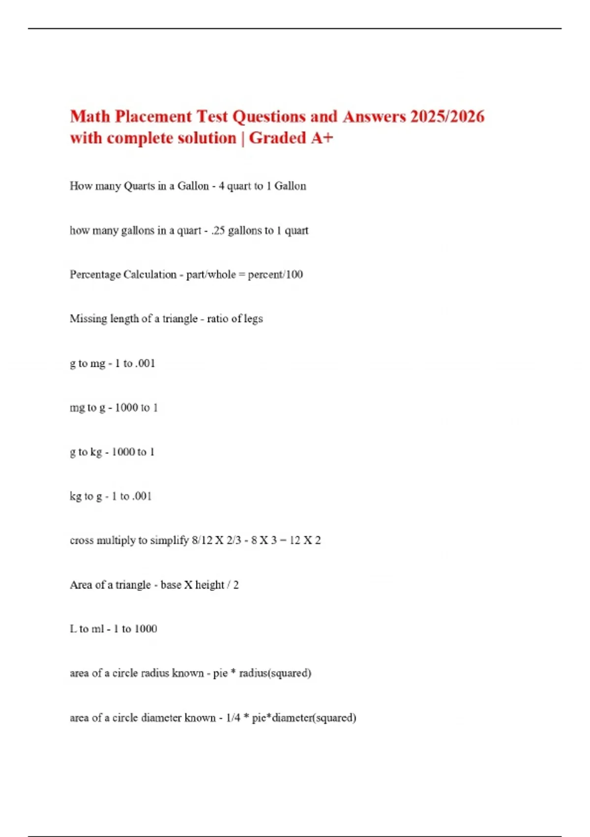 Math Placement Test Questions and Answers 2025/2026 with complete ...