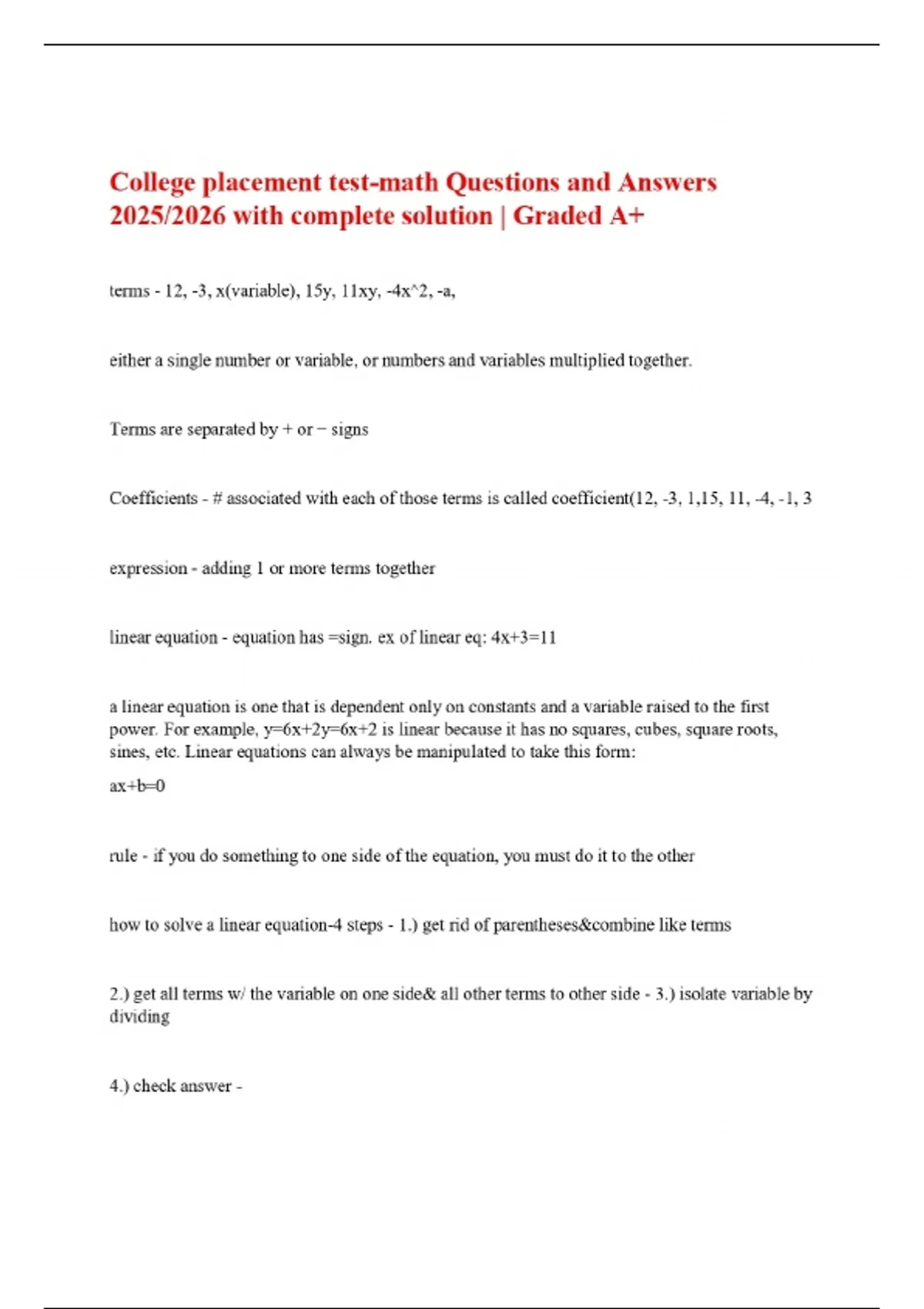 College placement test-math Questions and Answers 2025/2026 with ...