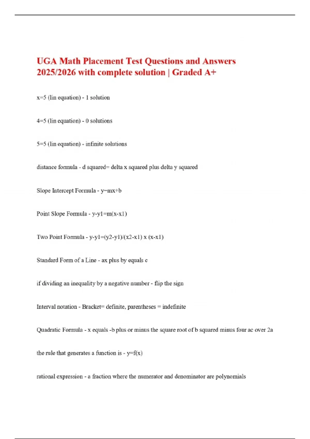 UGA Math Placement Test Questions and Answers 2025/2026 with complete ...