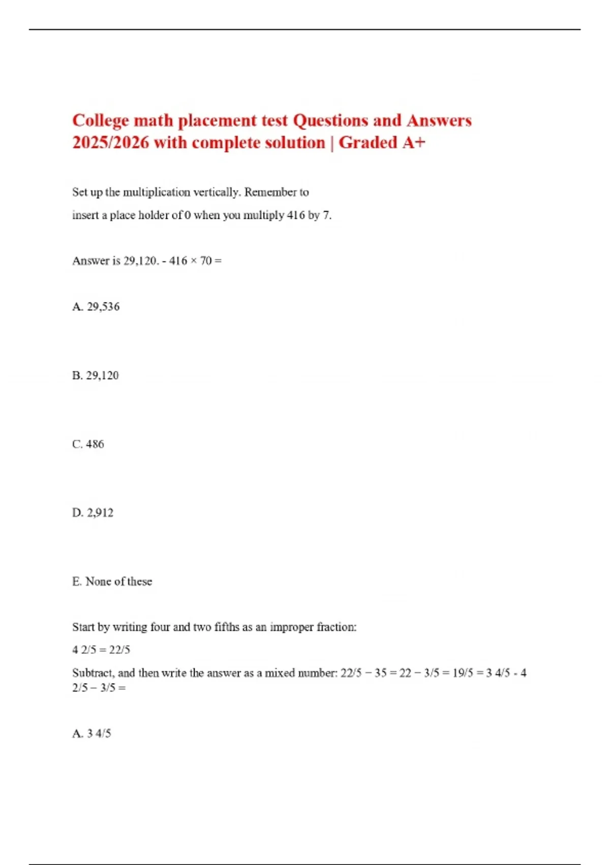 College math placement test Questions and Answers 2025/2026 with ...