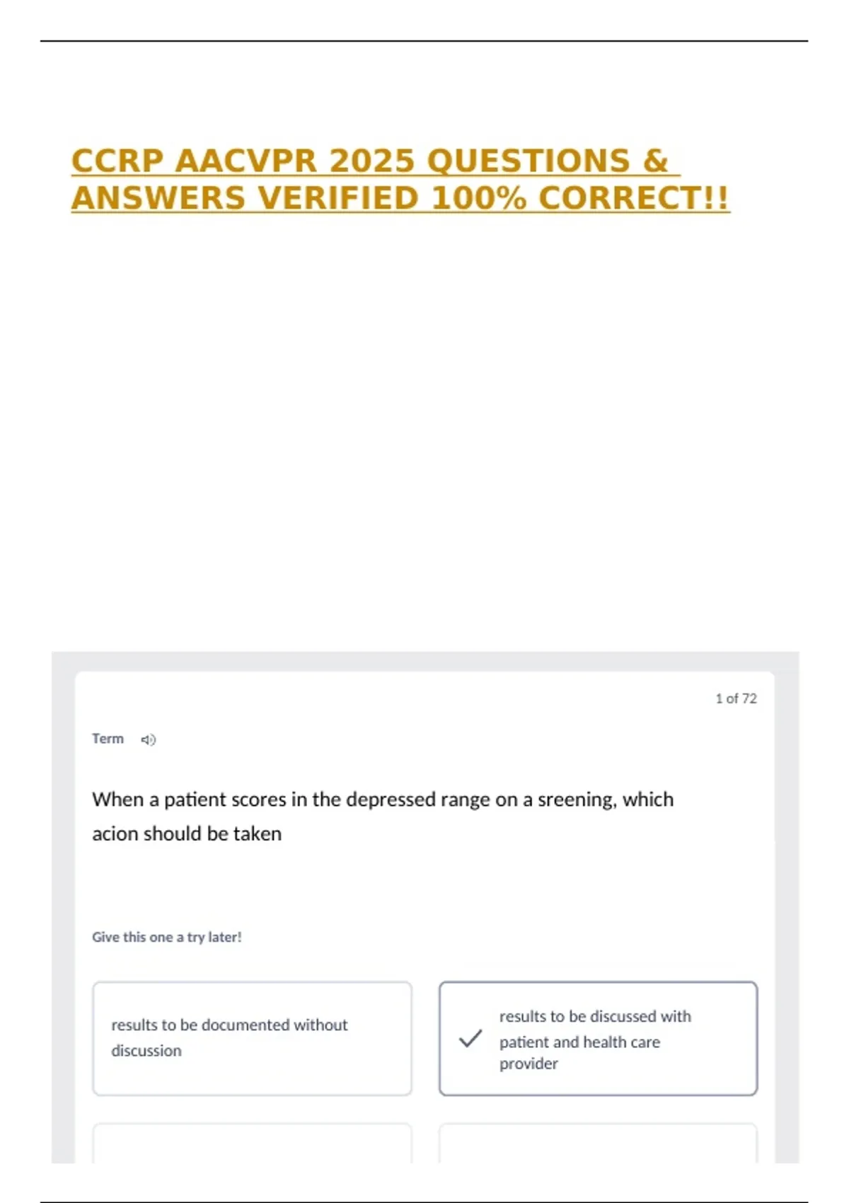 CCRP AACVPR 2025 QUESTIONS & ANSWERS VERIFIED 100% CORRECT!! - CCRP ...