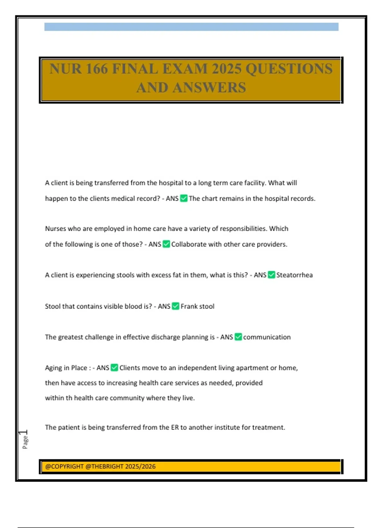 NUR 166 FINAL EXAM 2025 QUESTIONS AND ANSWERS - NUR 166 - Stuvia US
