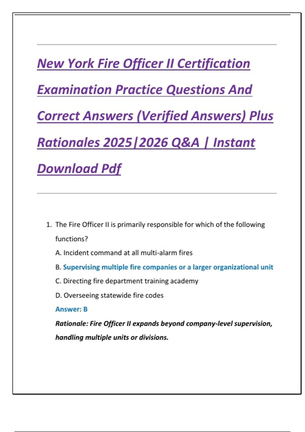 New York Fire Officer II Certification Examination Practice Questions ...