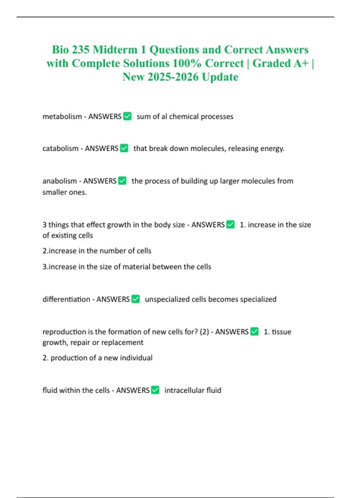 Bio 235 Midterm 1 Questions and Correct Answers with Complete Solutions ...