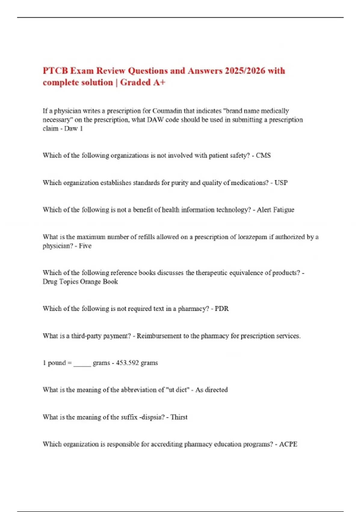 PTCB Exam Review Questions and Answers 2025/2026 with complete solution ...