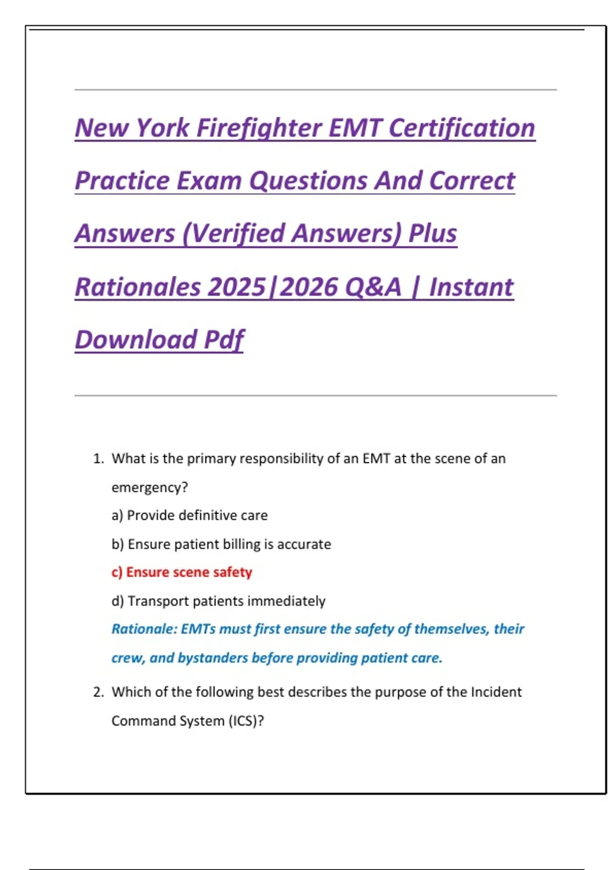 New York Firefighter EMT Certification Practice Exam Questions And Correct Answers (Verified ...