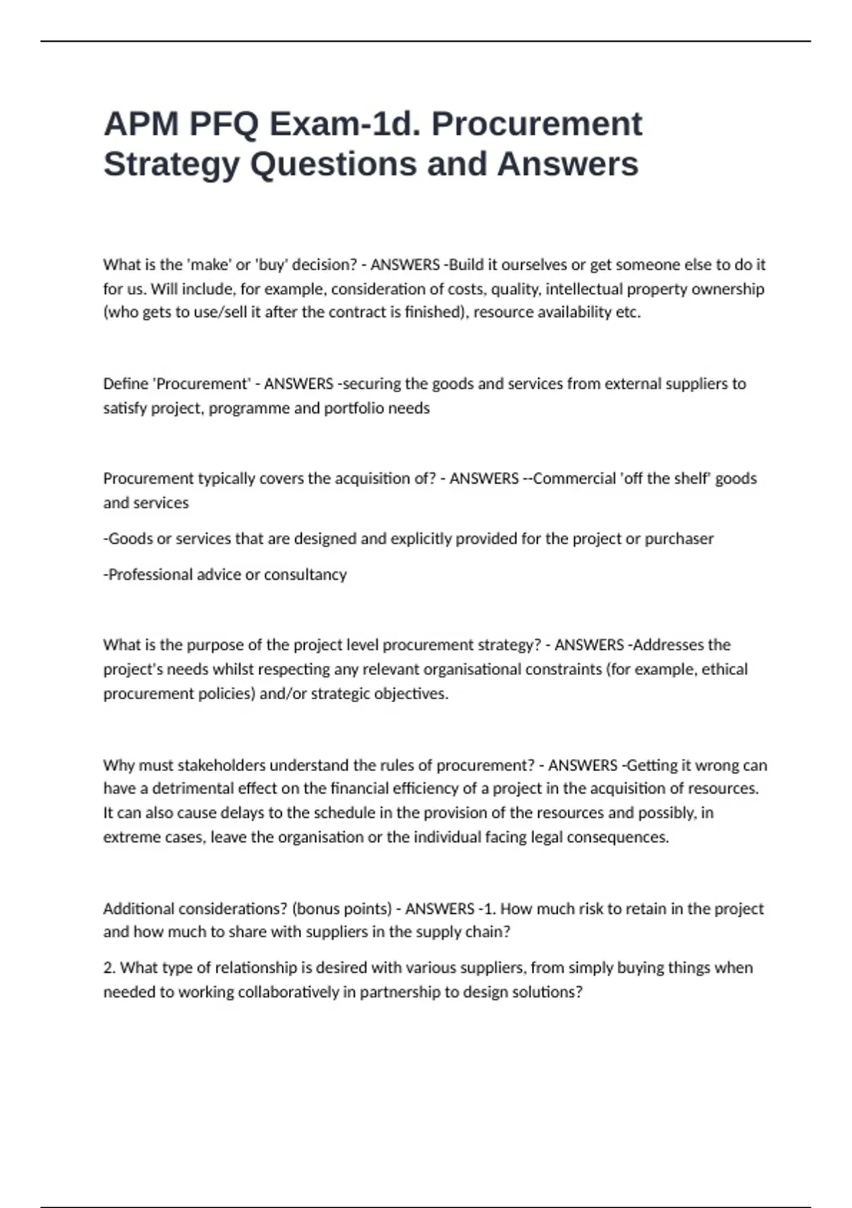 APM PFQ Exam-1d. Procurement Strategy Questions and Answers - APM PFQ ...