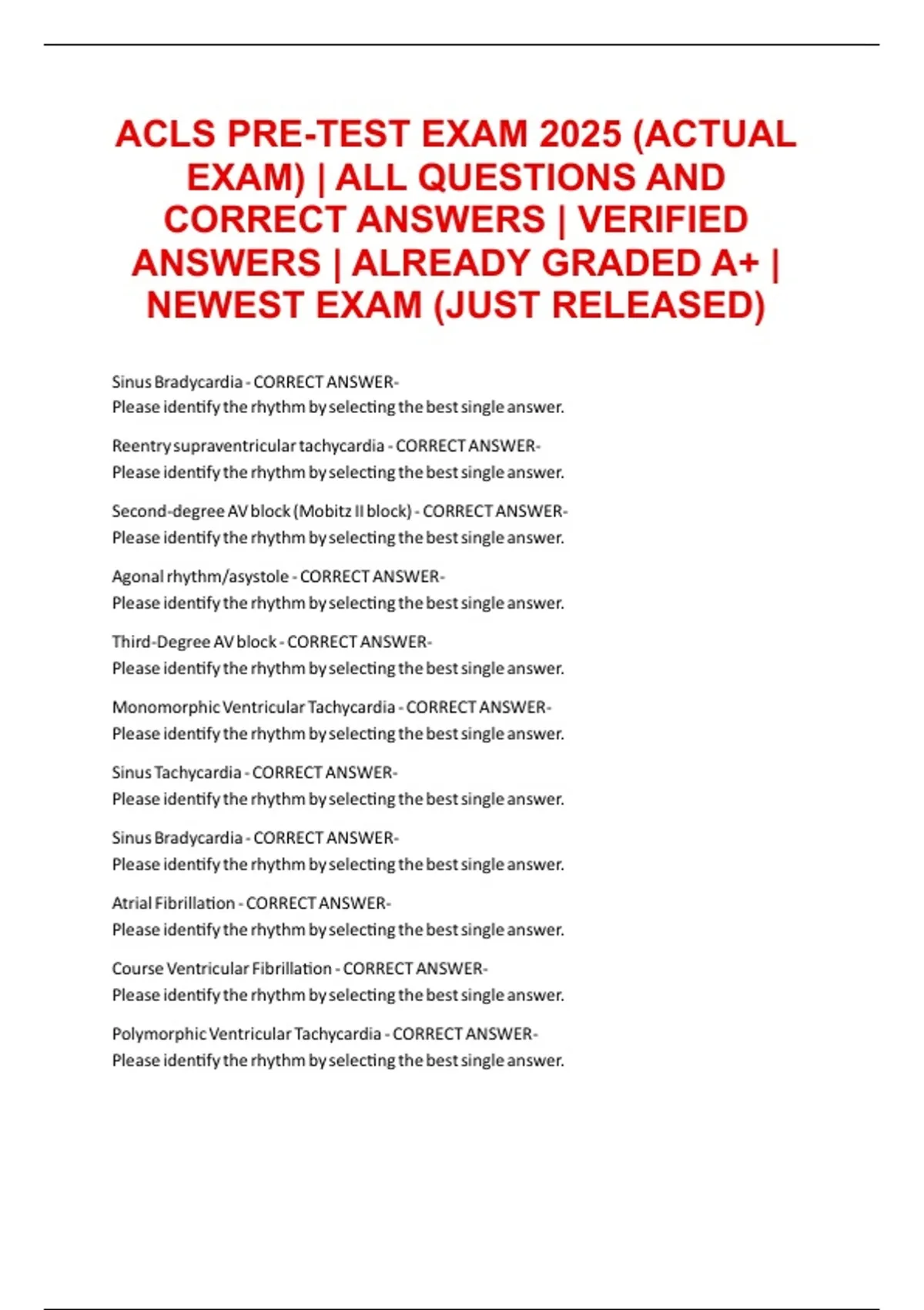 ACLS PRE-TEST EXAM 2025 (ACTUAL EXAM) ALL QUESTIONS AND CORRECT ANSWERS ...