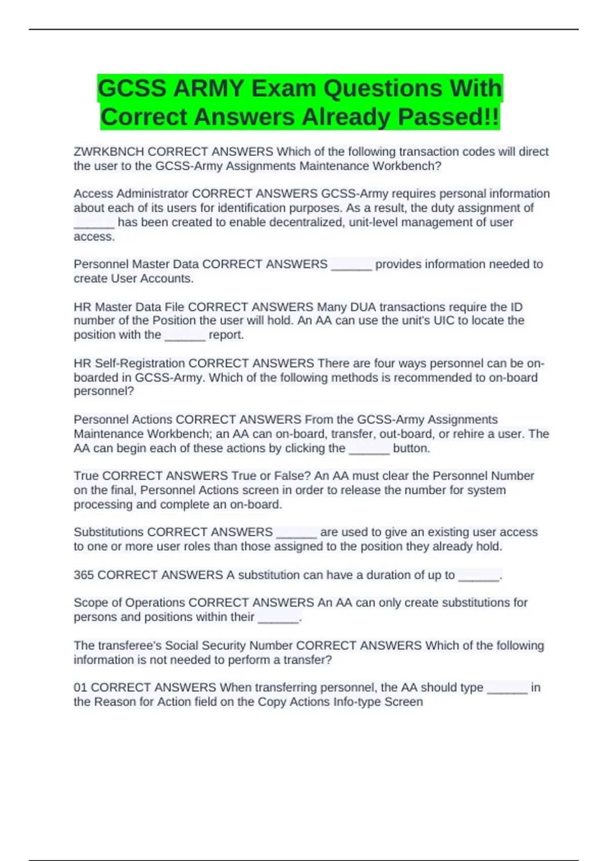 GCSS ARMY Exam Questions With Correct Answers Already Passed!! - GCSS ...