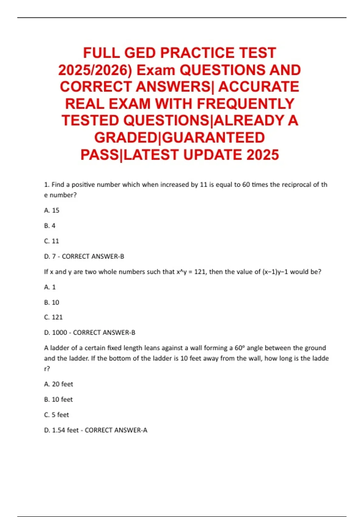 FULL GED PRACTICE TEST ) Exam QUESTIONS AND CORRECT ANSWERS ACCURATE ...