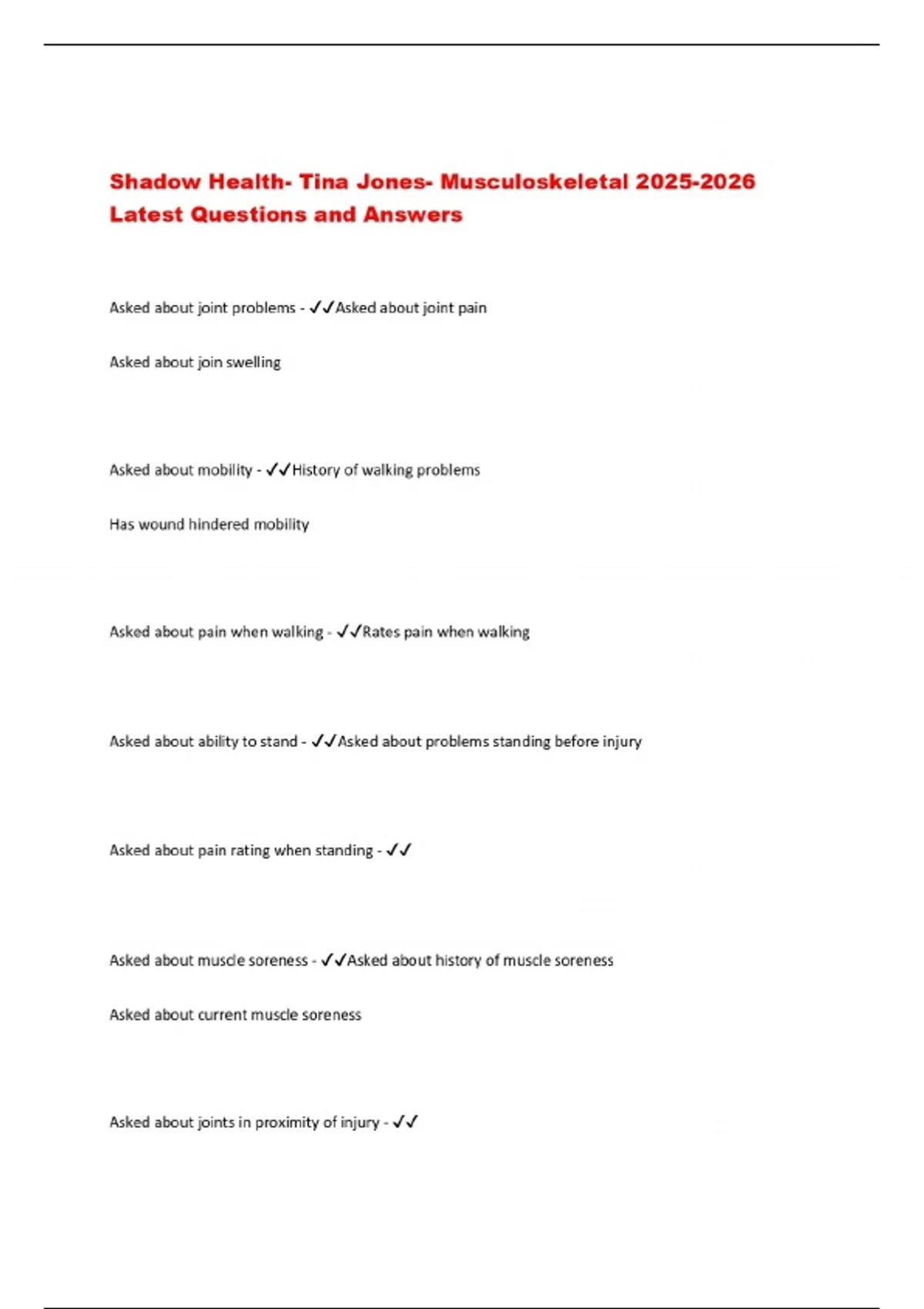 Shadow Health- Tina Jones- Musculoskeletal Latest Questions and Answers ...