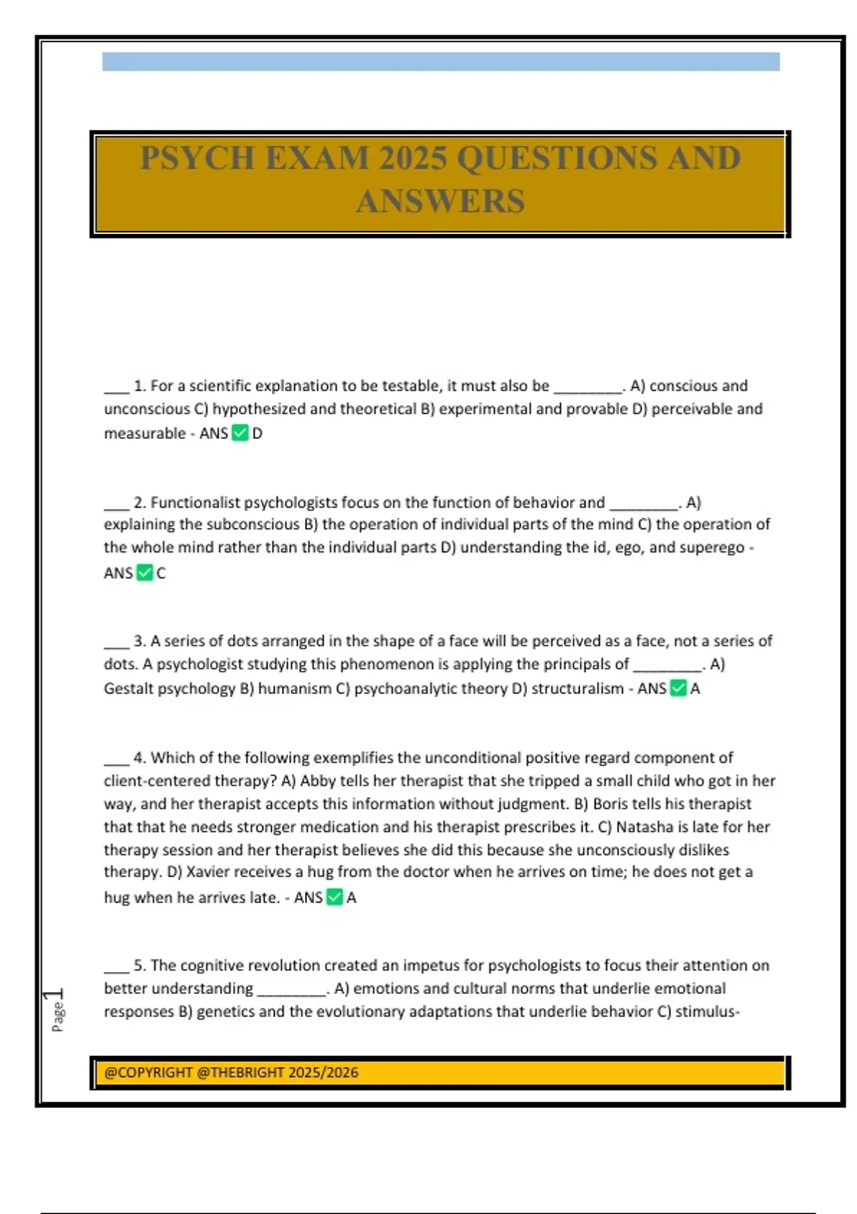 PSYCH EXAM 2025 QUESTIONS AND ANSWERS - PSYCH - Stuvia US