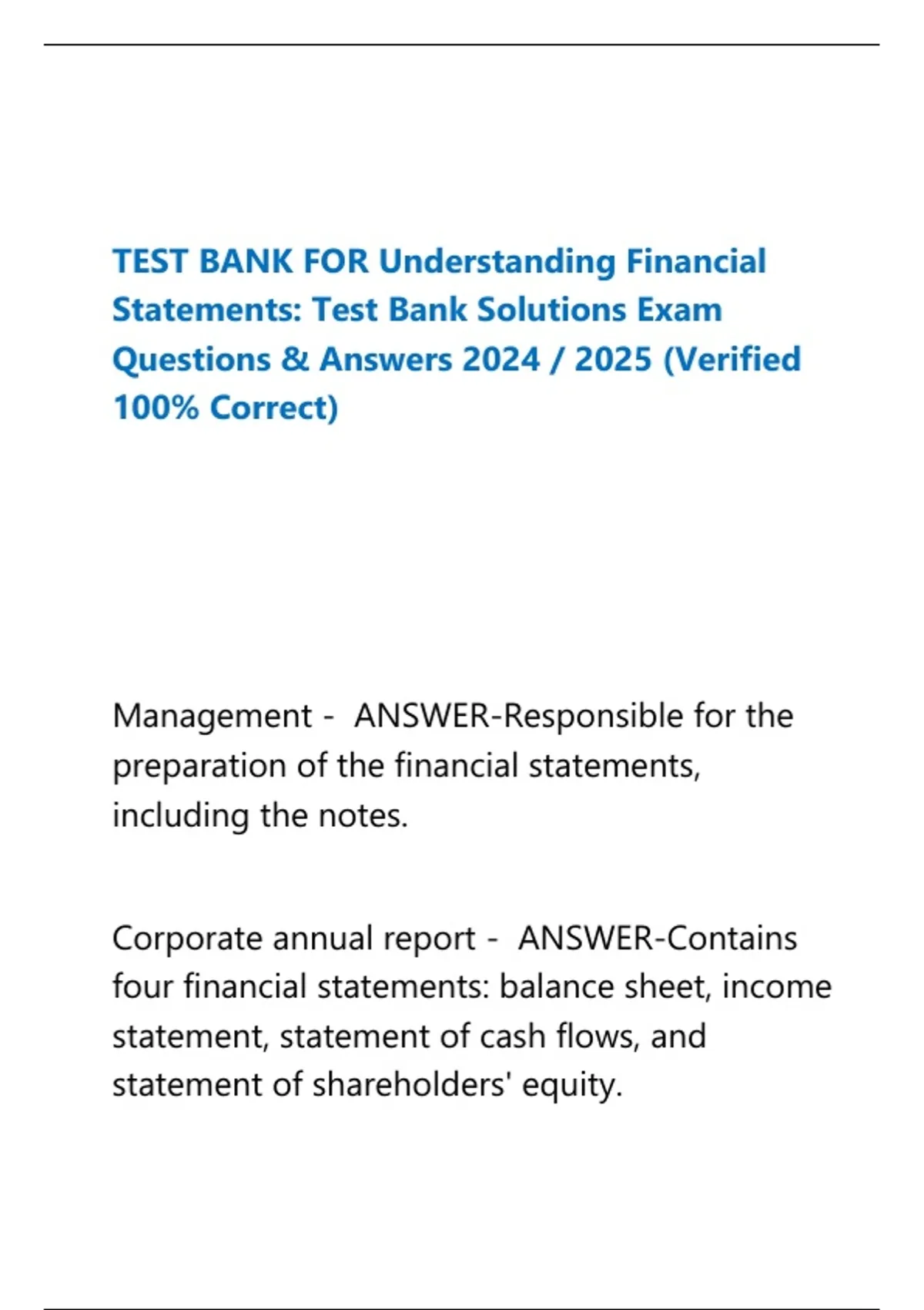 TEST BANK FOR Understanding Financial Statements: Test Bank Solutions ...