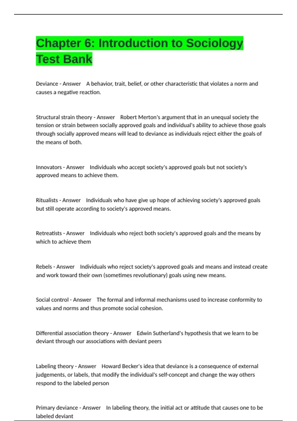 Chapter 6: Introduction to Sociology Test Bank - Introduction to ...