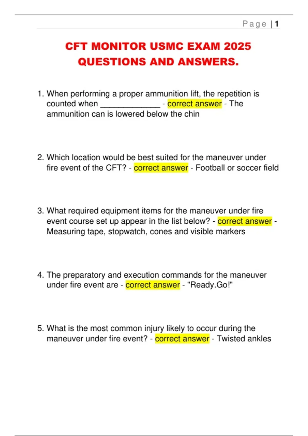 CFT Monitor USMC Exam 2025 | Questions and Answers | 100% Verified ...