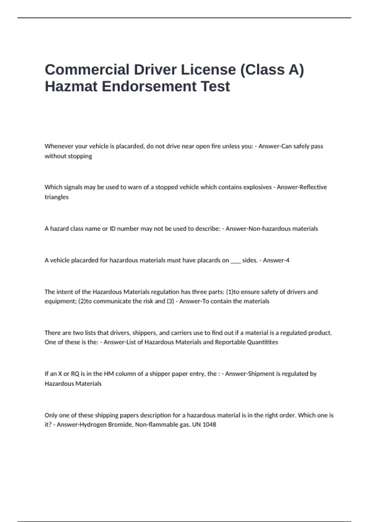 Commercial Driver License (Class A) Hazmat Endorsement Test Questions ...