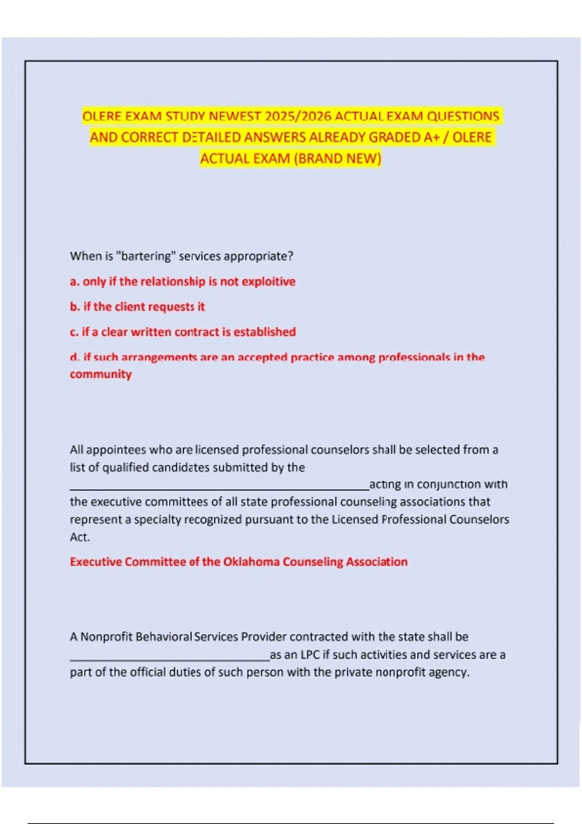 OLERE EXAM STUDY NEWEST 2025/2026 ACTUAL EXAM QUESTIONS AND CORRECT ...