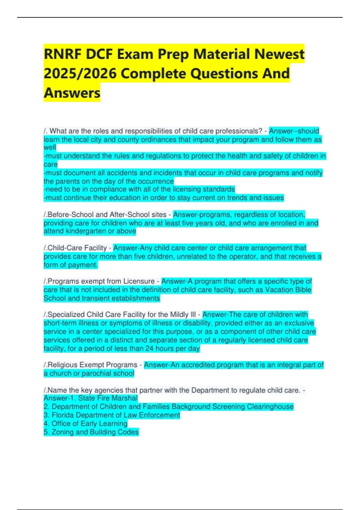 RNRF DCF Exam Prep Material Newest 2025/2026 Complete Questions And ...