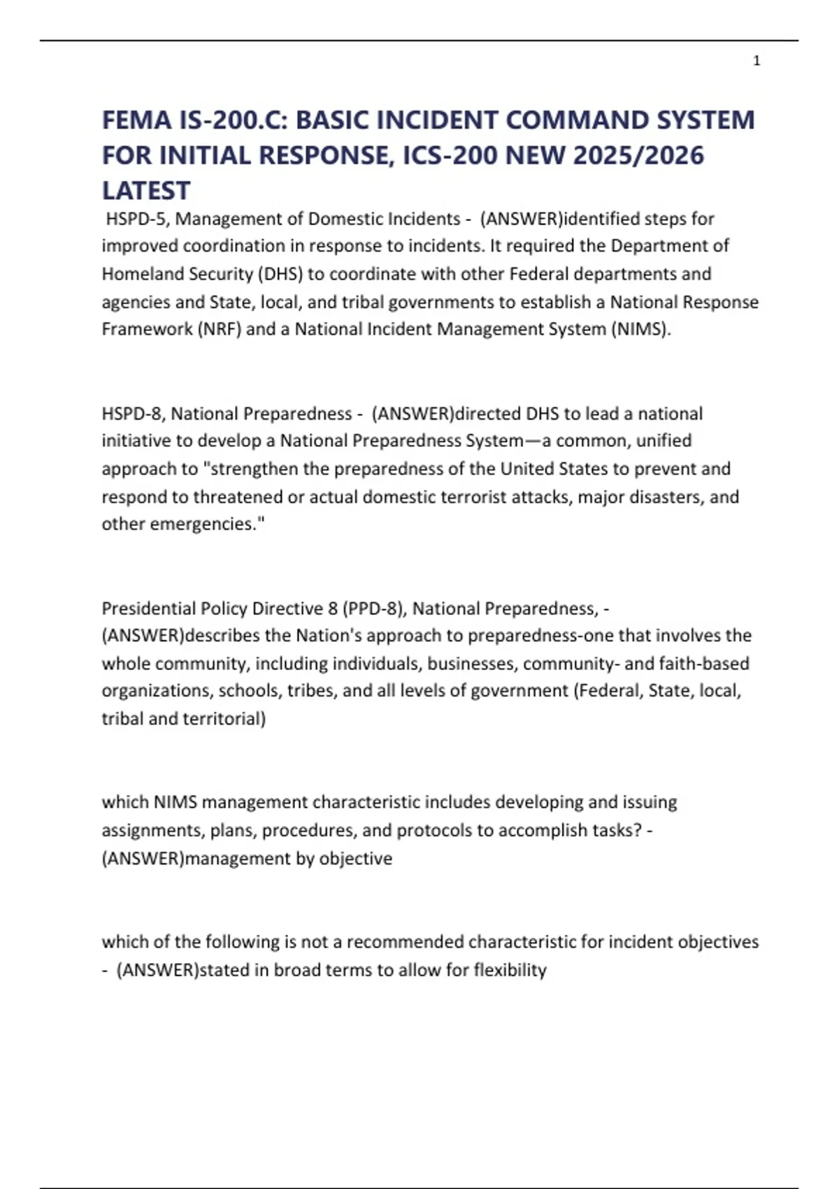 FEMA IS-200.C: BASIC INCIDENT COMMAND SYSTEM FOR INITIAL RESPONSE, ICS ...